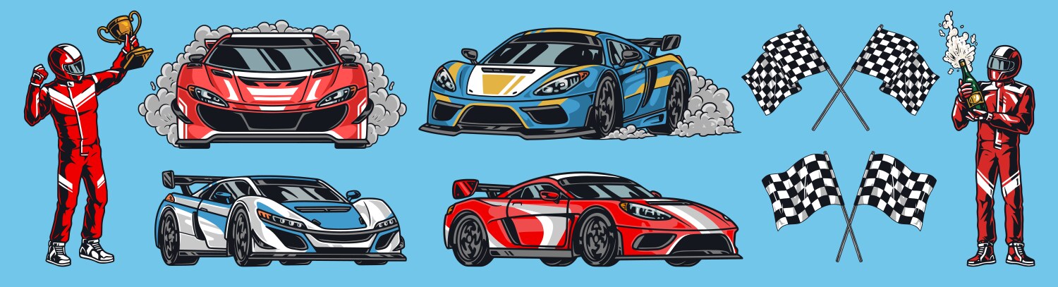 Drag racing set posters colorful Royalty Free Vector Image