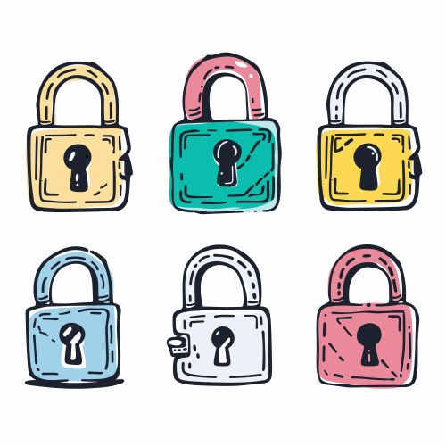 Handdrawn colorful padlocks six security locks Vector Image
