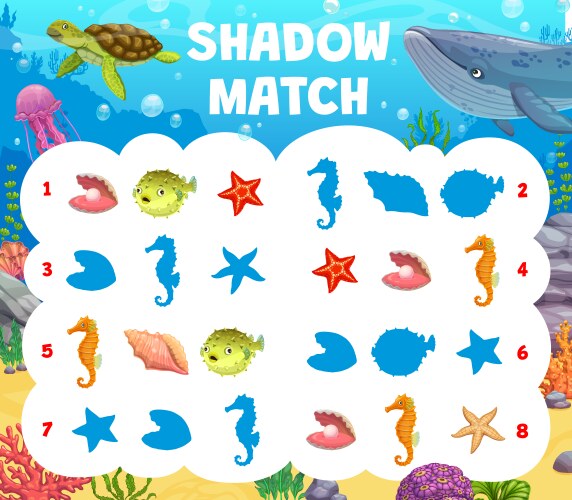 Sea creature shadow matching game template Vector Image