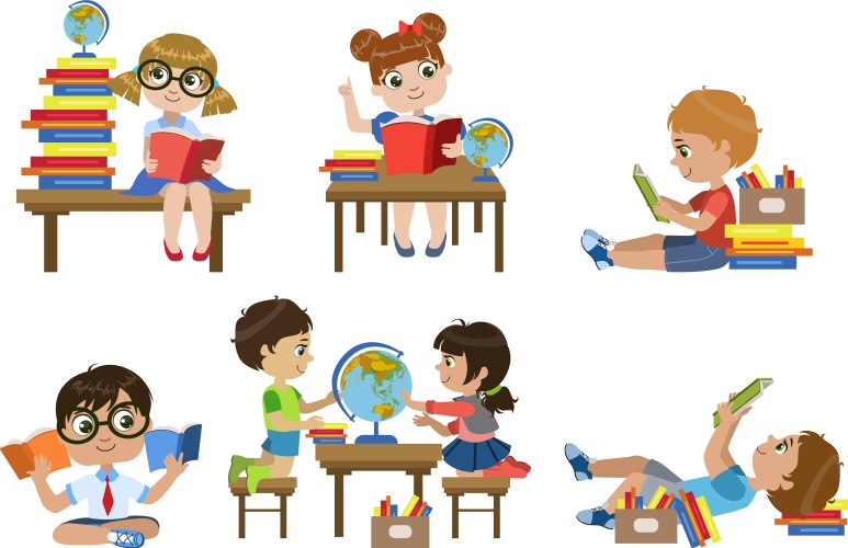 Many children reading books Royalty Free Vector Image