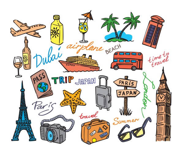Travel sticker and label set with famous Vector Image