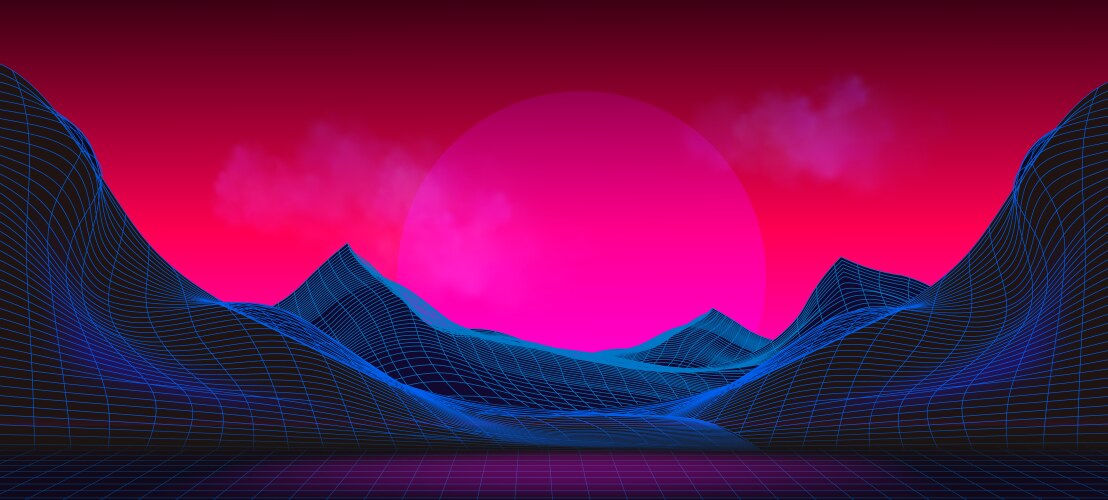 Neon synthwave background with arch and retro grid
