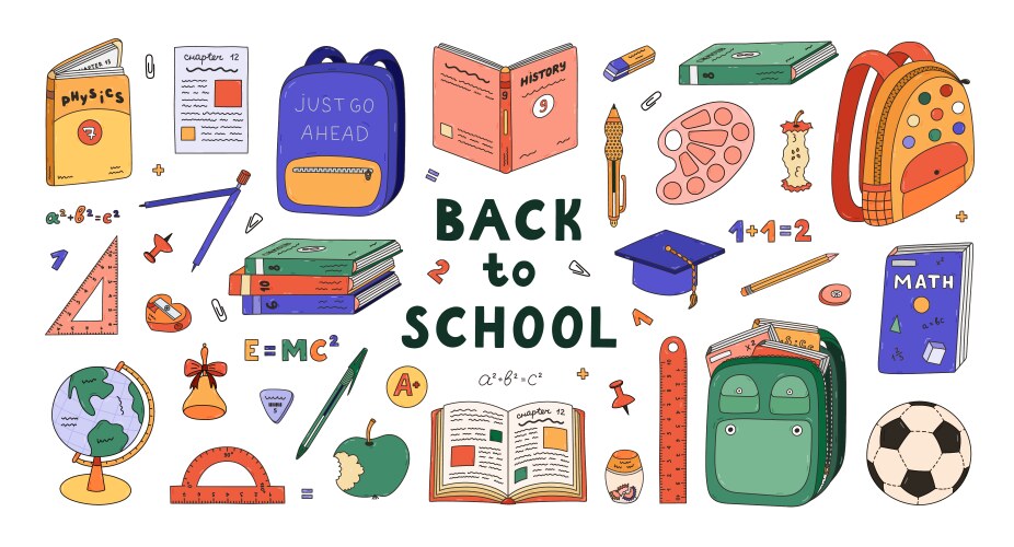 Big colourful doodle back to school set with kids Vector Image