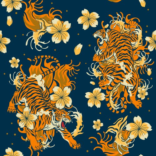Fighting asian tattoo tigers with floral elements Vector Image