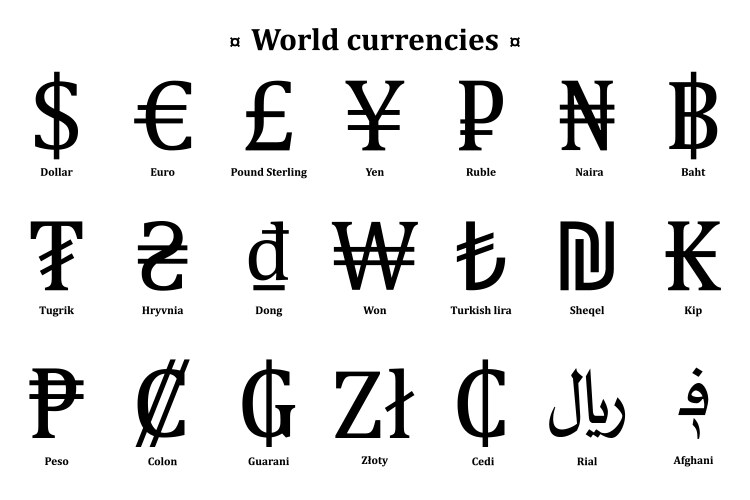 Currency symbols signs twelve denominations Vector Image