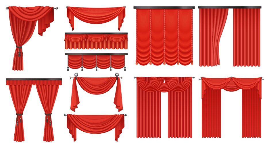 Red realistic silk curtains drapery Royalty Free Vector