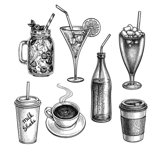 Hand drawn drinks and alcoholic cocktails big set Vector Image