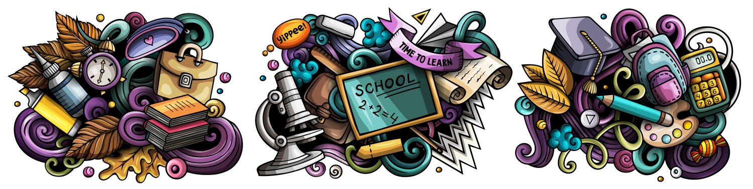 School cartoon doodle designs set Royalty Free Vector Image
