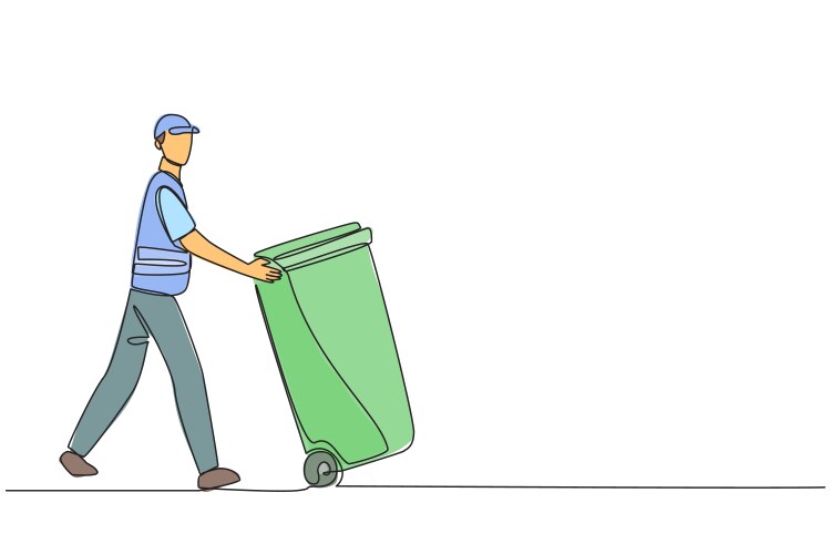 Single one line drawing trash man loads Royalty Free Vector