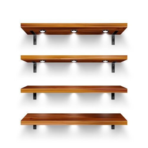 Realistic wooden store shelves with lighting Vector Image
