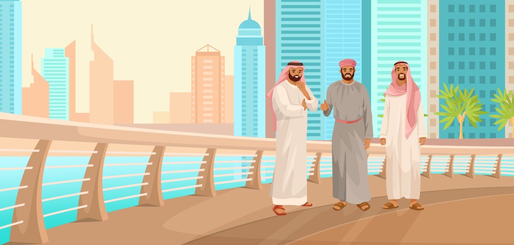 Two men in traditional arab attire walking Vector Image