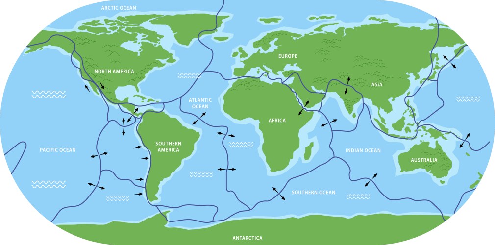 Map of earths principal tectonic plates Royalty Free Vector
