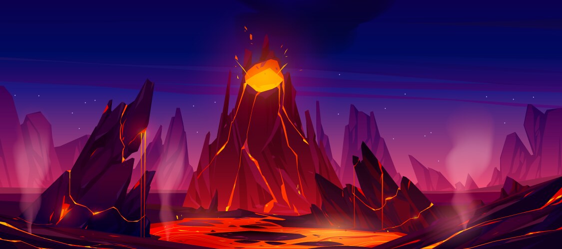 Volcano eruption with flowing magma river nature Vector Image