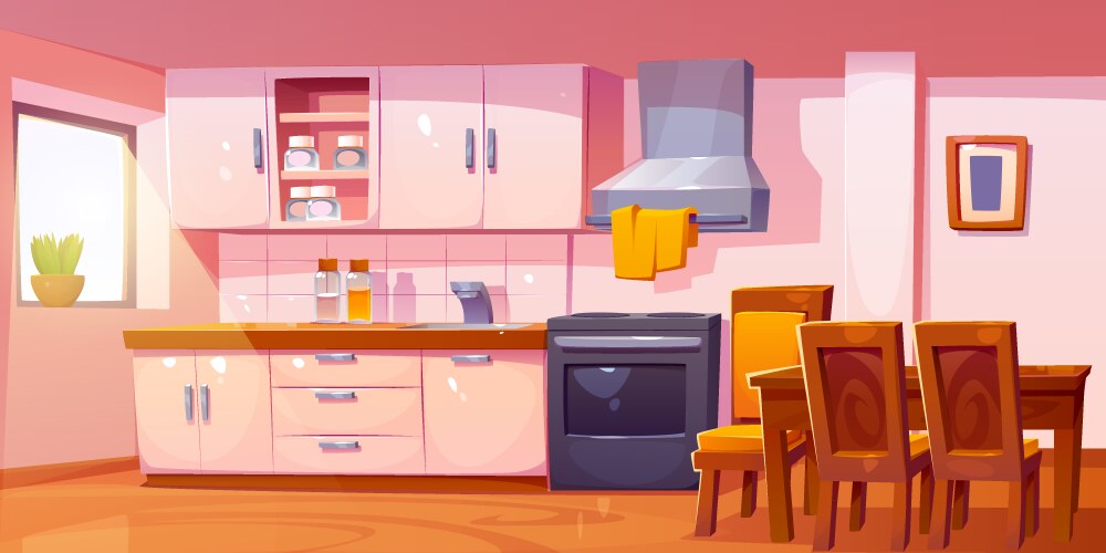 Cute kitchen interior flat cartoon Royalty Free Vector Image