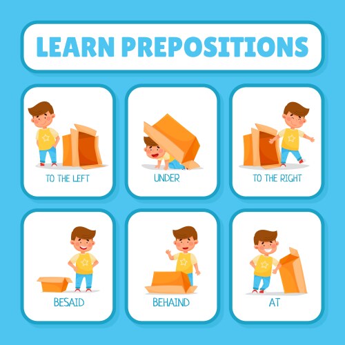 Little boy and carton box as prepositions place Vector Image