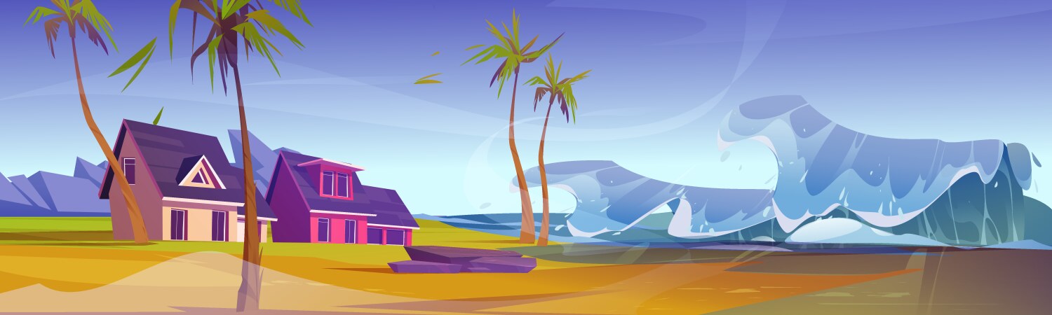 Tsunami running on tropical resort town 2d Vector Image