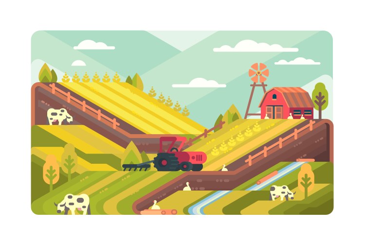 Rustic farm engraving with cattle and barn Vector Image