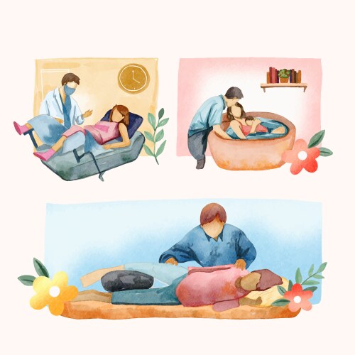 Hand drawn childbirth scenes Royalty Free Vector Image