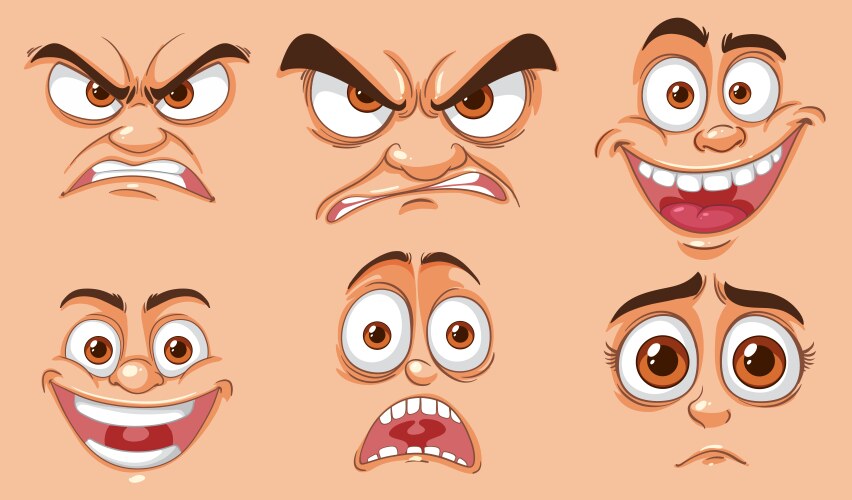 Six cartoon faces showing different emotions Vector Image