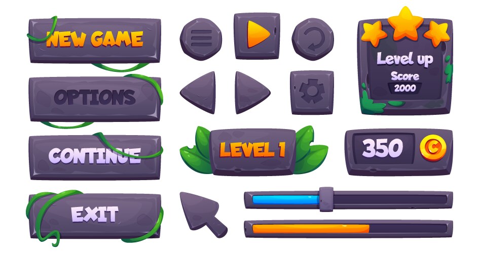 Mobile Game Ui Collection Of Icons And Buttons Vector Image