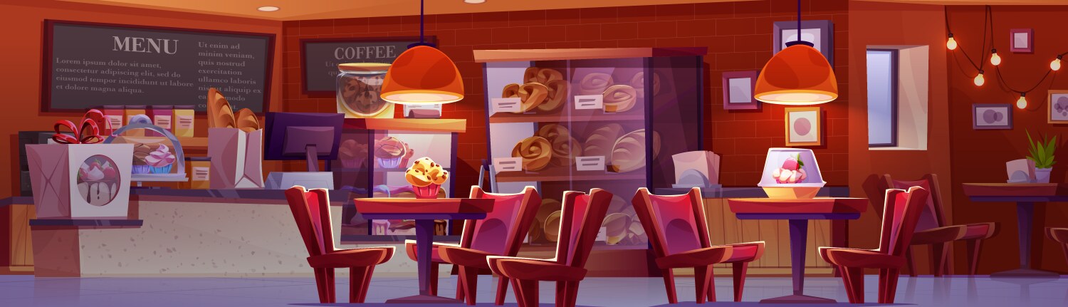 Bakery shop interior with counter cartoon Vector Image