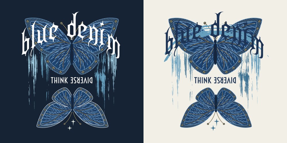 Denim label with blue butterfly paint text Vector Image