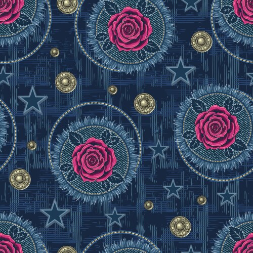Label pattern with denim patches roses gems Vector Image
