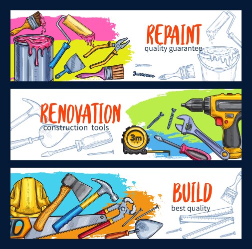 Repair work banner with construction tool sketch Vector Image