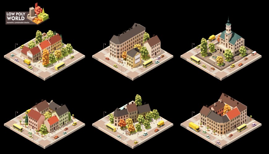 Low poly isometric old city center Royalty Free Vector Image
