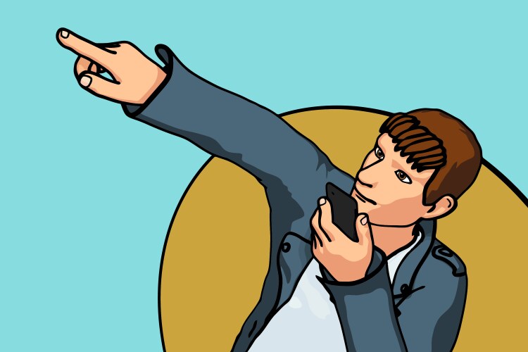 Man pointing finger and talking on mobile phone Vector Image
