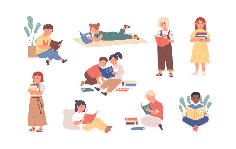 Cartoon reading kids Royalty Free Vector Image