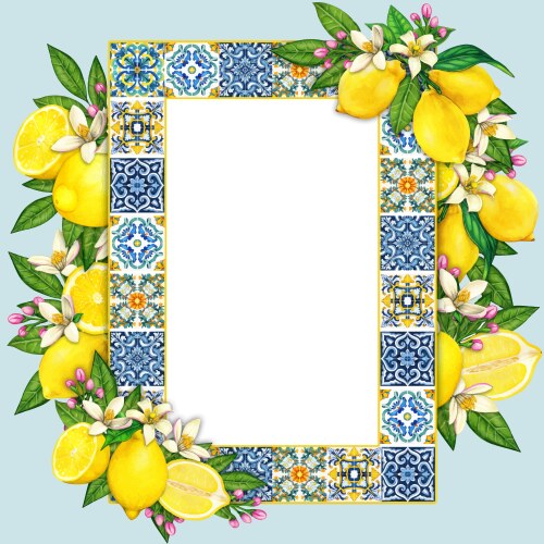 Mediterranean tile lemons frame – Royalty-Free Vector | VectorStock