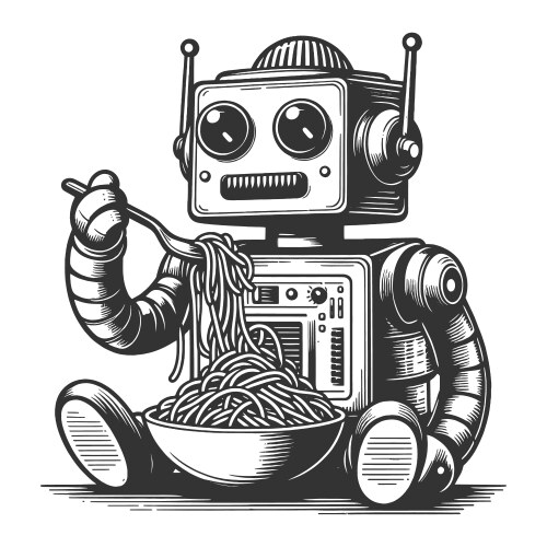 Robot eating spaghetti engraving sketch Royalty Free Vector