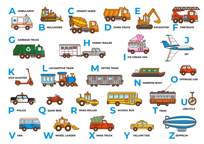 English alphabet car transport abc print cartoon Vector Image