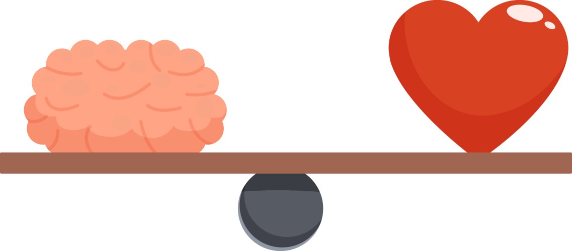 Heart and brain balancing on seesaw scale Vector Image