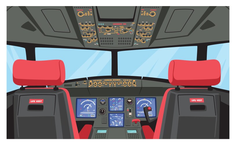 Modern business jet cockpit cartoon Royalty Free Vector