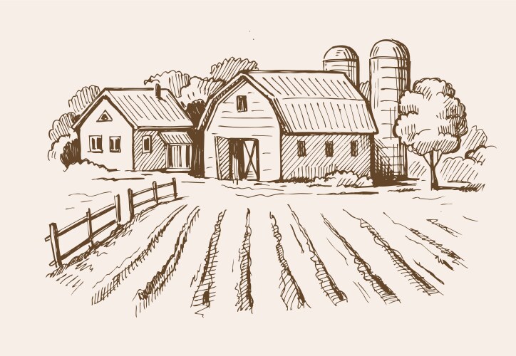 Rural landscape farm barn and windmill sketch Vector Image
