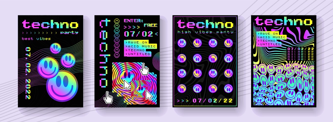 Set of y2k groovy black and purple posters Vector Image