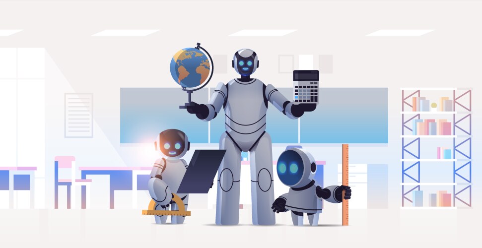 Robot teacher and students work together Vector Image
