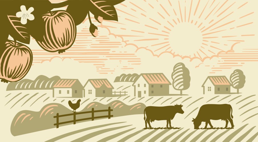 Apple tree and village farm field with houses Vector Image