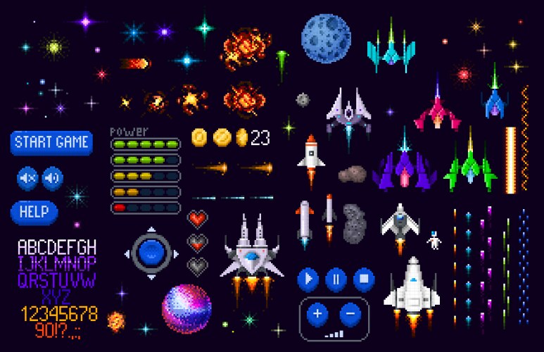 Retro space arcade game invaders spaceship pixel Vector Image