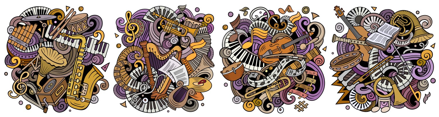 Classical music cartoon doodle designs set Vector Image