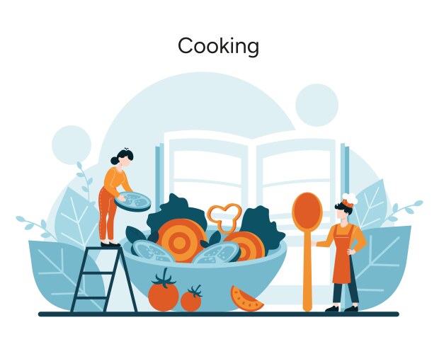 Animated chefs engage with recipes and ingredients