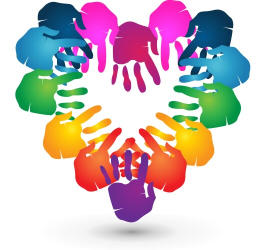 Teamwork hands print heart shape logo Royalty Free Vector