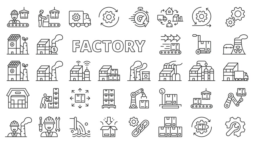 Factory icons in line design blue industry Vector Image