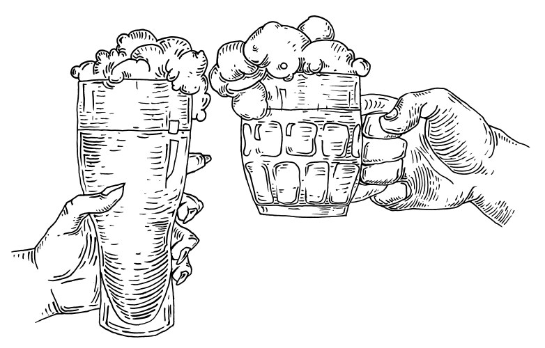 Male hand holding and clinking beer mug vintage Vector Image