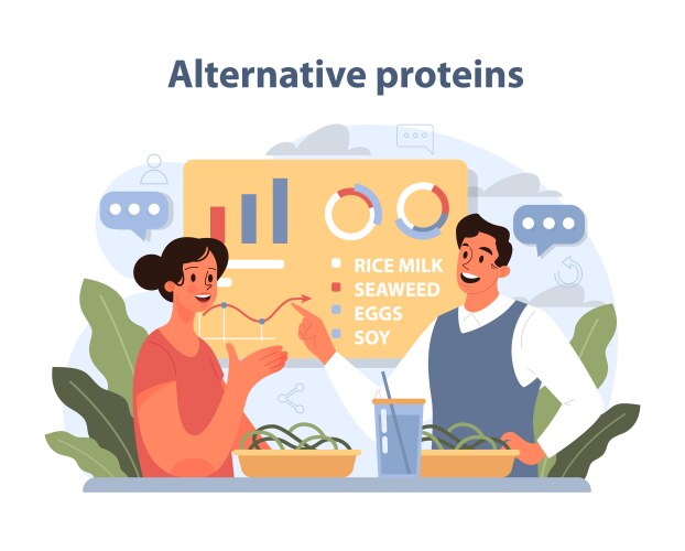 Alternative proteins concept two people discuss Vector Image