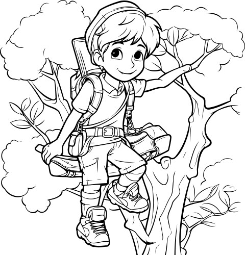 Boy climbing on a tree with backpack black Vector Image