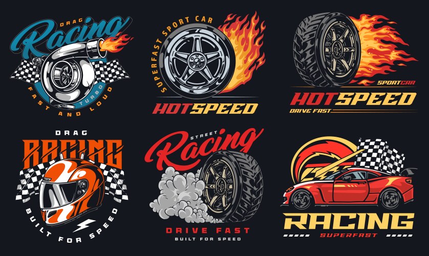 Racing speedometers colorful set flyers Royalty Free Vector