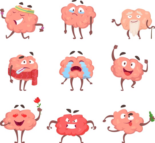 Cartoon brain in different roles Royalty Free Vector Image